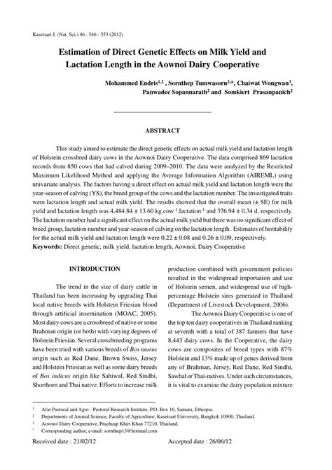 Pdf Estimation Of Direct Genetic Effects On Milk Yield And Lactation Length In The Aownoi