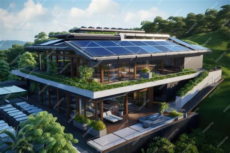 Современный дом с солнечными батареями на крыше энергоэффективный и экологичный использование