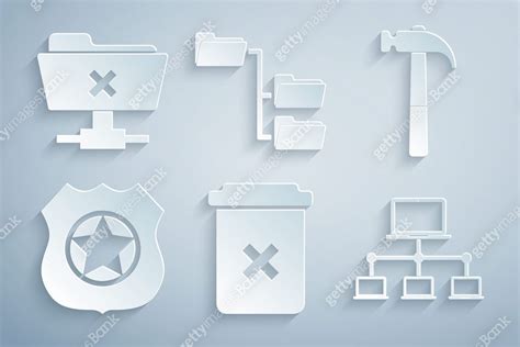 Set Trash Can Hammer Police Badge Computer Network Folder Tree And