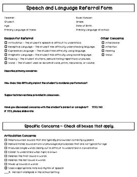 Speech Language Referral Form By The Open Book SLP TpT