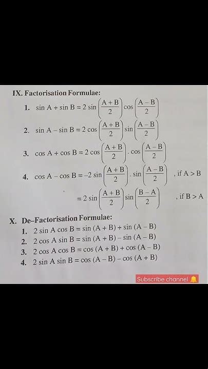 Trigonometry Formulas Factorisation And De Factorisation Formulae Useful For Class 11th And
