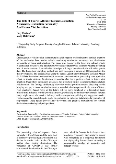 Pdf The Role Of Tourist Attitude Toward Destination Awareness