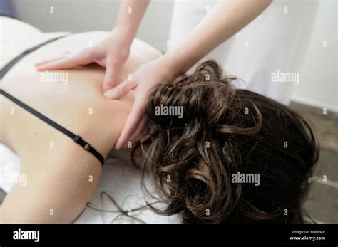 Trigger Point Treatment Over Right Rhomboid Muscle Physical Therapy Physiotherapy Stock Photo