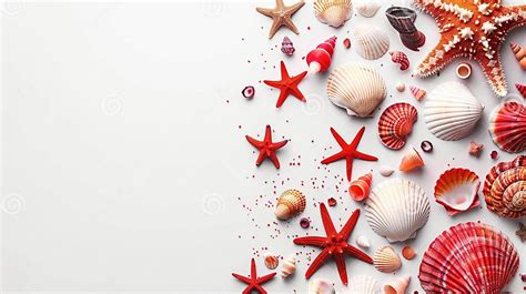Creative Layout Made Of Red Seashells And Seashells On White Background