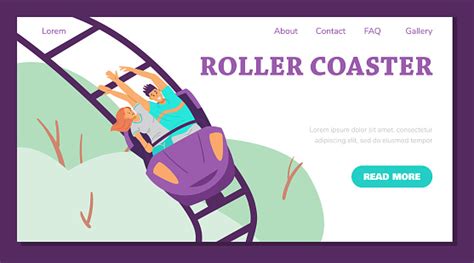 롤러 코스터 평면 벡터 일러스트에 행복한 사람들과 방문 페이지 템플릿 롤러코스터에 대한 스톡 벡터 아트 및 기타 이미지 롤러