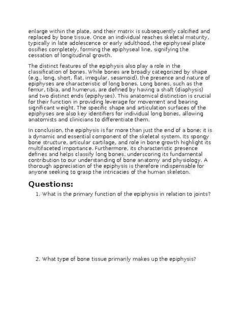 The Epiphysis In Bone Structure And Classification Reading Worksheet