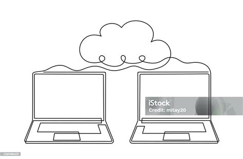 디지털 기술 연속 랩톱과 클라우드 간의 정보 교환에 대한 한 줄의 그림입니다 노트북 글로우는 파일을 클라우드 스토리지로 다운로드합니다 0명에 대한 스톡 벡터 아트 및 기타