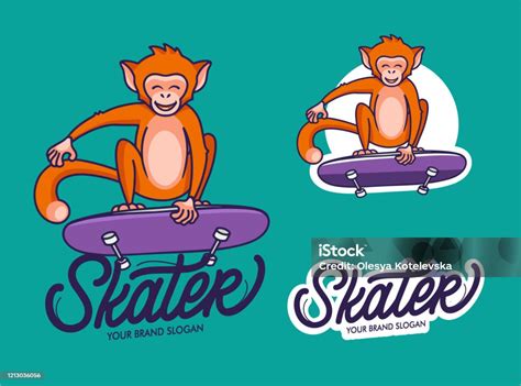 텍스트 문구와 원숭이 스케이터 재미있는 로고 타입의 집합입니다 정글 마카크 캐릭터 상징에 대한 스톡 벡터 아트 및 기타 이미지 상징 원숭이 개체 그룹 Istock