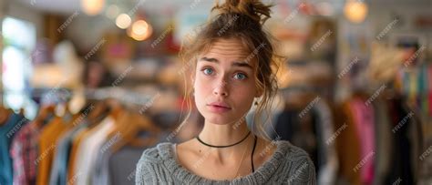 Uncertain Woman Trying On Outfit In Clothing Store Shopping Dilemma In