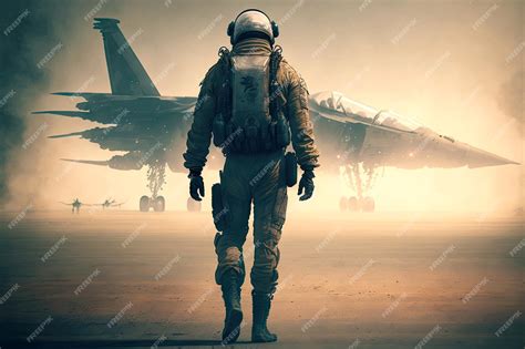 Premium Photo Pilot In Helmet And Spacesuit Goes To His Fighter Jets