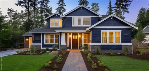Navy Blue Suburban Home With Traditional Windows On A Large Land