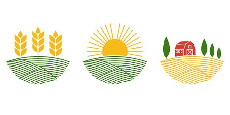 농장 농업 로고 또는 필드 밀 태양 및 헛간 집이 있는 아이콘입니다 유기농 또는 친환경 식품 자연 수확 기호 라벨 또는 배지 디자인 벡터 일러스트 레이 션입니다 농업에 대한