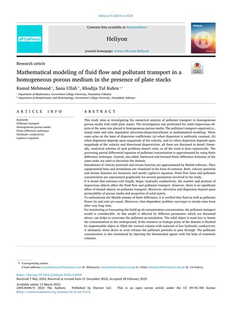 Pdf Mathematical Modeling Of Fluid Flow And Pollutant Transport In A Homogeneous Porous Medium