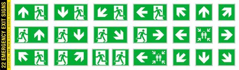Full Set Of 22 Isolated Emergency Exit Symbols On Green Rectangle Board