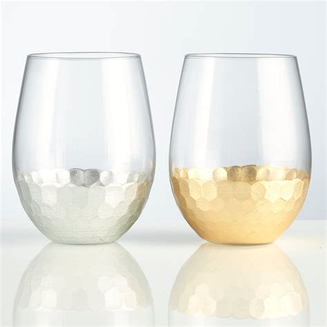 Elegant 18 Oz Stemless Wine Glasses Set Hammered Gold And Platinum Bottom Perfect Wine Lover
