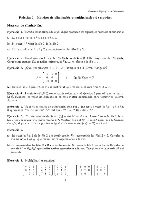 Matrices De Eliminacion Y Multiplicacion De Matrices Matem Atica II 755 Lic En Inform
