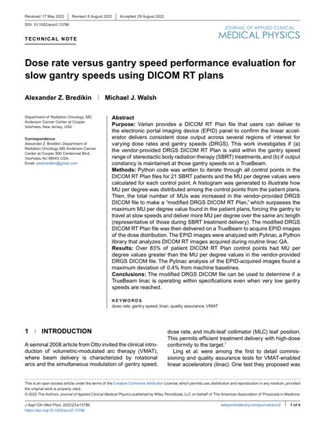 Pdf Dose Rate Versus Gantry Speed Performance Evaluation For Slow Gantry Speeds Using Dicom Rt