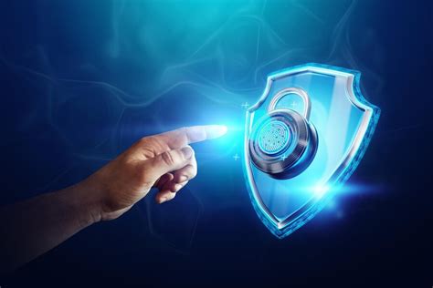 Premium Photo Businessmans Hand Shield And Lock With Fingerprint Hologram Fingerprint Scanner Data