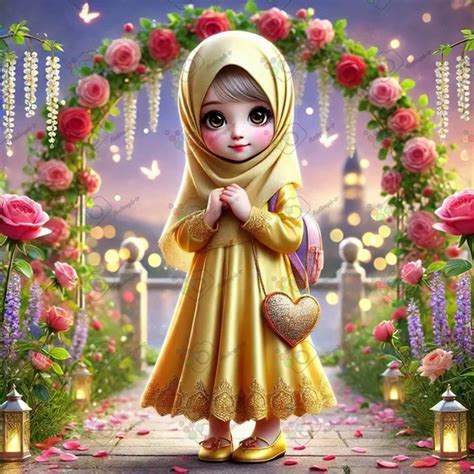 خرید و قیمت بک گراند کودکانه دختربچه ناز با حجاب با لباس زرد ایستاده روی پل سنگی کد 43562 ویژه