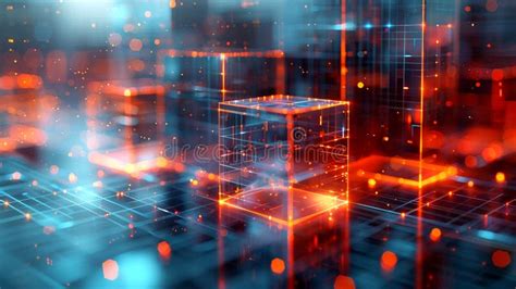 Exploring Vibrant Digital Realms With Glowing Cubes And Intricate Patterns At Dusk Stock