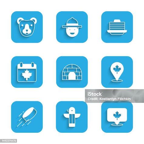 이글루 아이스 하우스 캐나다 토템 폴 단풍잎 하키 퍽 캐나다의 날 팬케이크 더미 곰 머리 아이콘을 설정하세요 벡터 0명에 대한 스톡 벡터 아트 및 기타 이미지 Istock