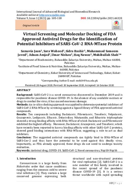 Pdf Virtual Screening And Molecular Docking Of Fda Approved Antiviral Drugs For The
