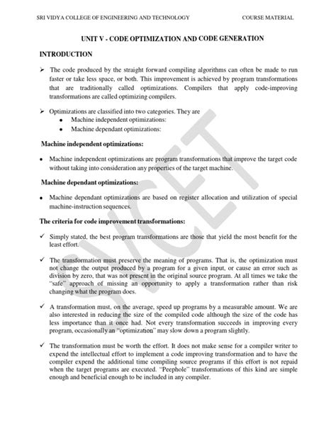 Cd Unit 5 Pdf Program Optimization Control Flow
