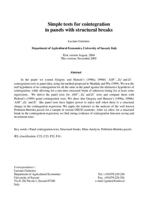 Pdf Simple Tests For Cointegration In Panels With Structural Breaks