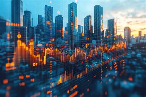 Dynamic City Skyline At Sunset With Financial Data Visualization Overlay Illustrating Market
