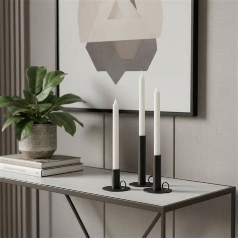 Set Of Three Black Geometric Metal Tabletop Taper Candlesticks Bed