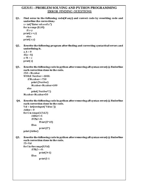 Ge3171 Lab Practical Programs Ge3151 Problem Solving And Python Programming Error Finding