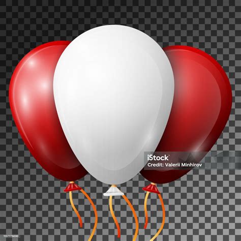 투명 한 배경에 고립 된 리본으로 사실적인 흰색과 빨간색 풍선 생일 파티에 대 한 반짝 화려한 광택 풍선의 벡터 일러스트 레이 션 3차원 형태에 대한 스톡 벡터 아트 및