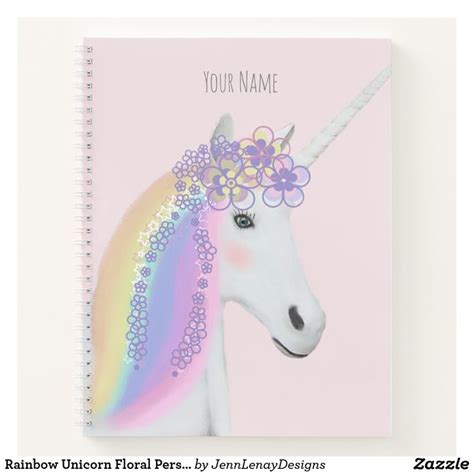 Rainbow Unicorn Floral Personalized Name Notebook Zazzle Rainbow Unicorn Cute Rainbow