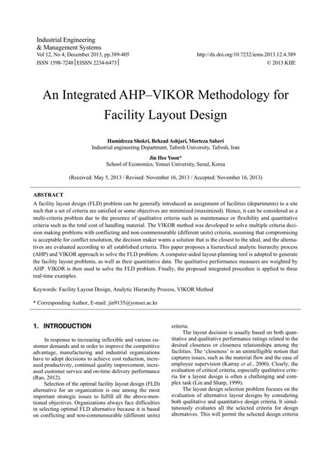 Pdf An Integrated Ahp Vikor Methodology For Facility Layout Design