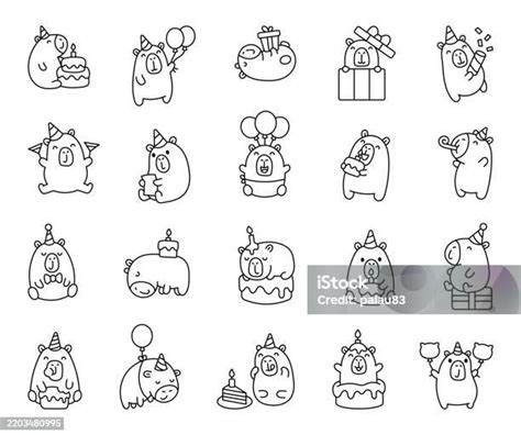 파티 모자 케이크 풍선 선물 색종이 조각 양초 인사말 카드 축제 액세서리 등 귀여운 캐릭터가 다양하고 즐거운 포즈로 등장하는 사랑스러운 카피바라 생일 세트 가공의 인물에