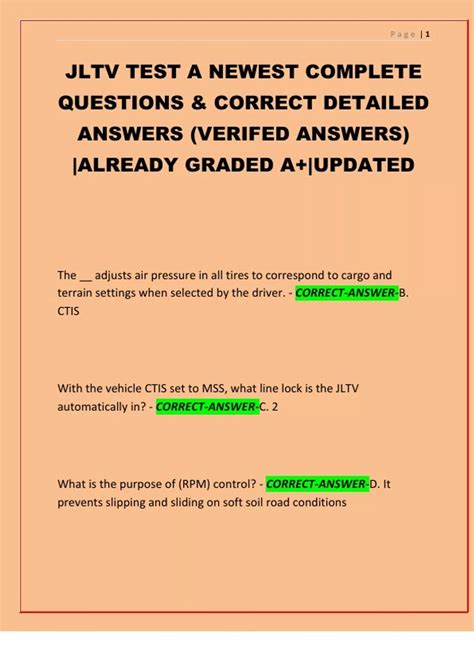 jltv test a and b newest complete questions and correct detailed answers