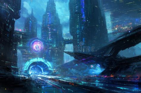 Abstract Ai Generated Futuristic Landscape With Glowing Data Towers Cybernetic Pathways And