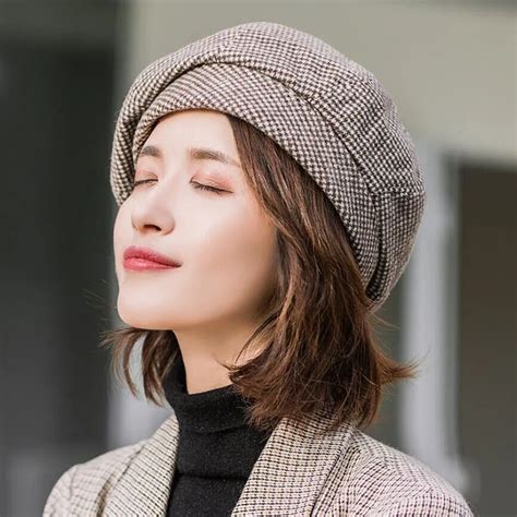 격자 무늬 빈티지 팔각형 캐주얼 가을 소녀 모자 파나마 여성 양모 베레모 우아한 레이디 겨울 여성 면화 모자 여성 모자