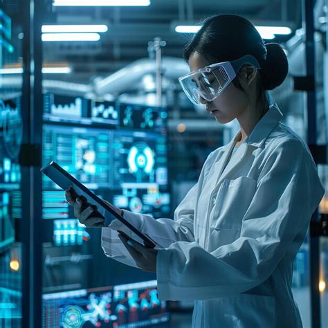woman in lab coat using tablet to analyze data in front of screen with