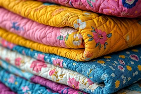 A Pile Of Colorful Quilts With A Yellow Patchwork Quilt Premium Ai