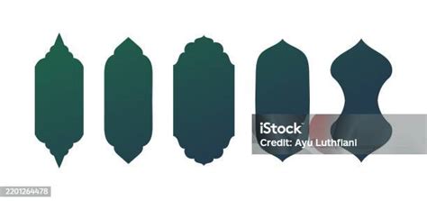 이슬람 아치 모스크 창문 모양 녹색 파란색 그라데이션 색상의 프레임 컬렉션 전통적인 아라비아 플랫 디자인 요소와 장식 무슬림 건축 기하학적 디자인 벡터 일러스트 레이 션 0