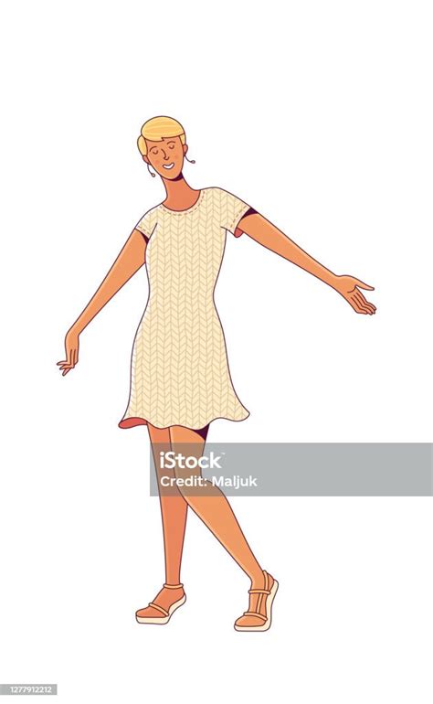 긴 느슨한 머리에 고음 음표와 행복한 활성 젊은 여성 캐릭터는 인생을 즐기는 개념으로 노란색 배경에 헤드폰으로 음악을 듣고 노랑에 대한 스톡 벡터 아트 및 기타 이미지