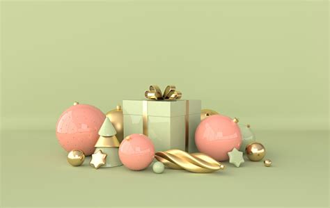 메리 크리스마스와 새해 복 야 3d 렌더링 일러스트 레이션 카드 파스텔 컬러 크리스마스 공 별 크리스마스 트리 선물 상자 겨울