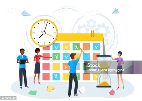 벡터 일러스트레이션 계획 일정 캘린더 알림 일일 일정 구성 비즈니스 사람들 회의 효과적인 시간 관리 마감 일 의제 또는 약속