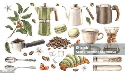 커피 원두 간헐천 커피 메이커 커피 컵 크루아상 수채화 손 그림 찻 주전자 우유 주전자 필터 설탕 숟가락 세트 상점 카페 및 메뉴의 브랜딩 커피 포장용 커피 콩에 대한 스톡