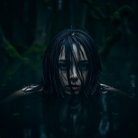 Woman Submerged In Swamp Water Dark And Moody Atmosphere Long Hair Wet Face Partially Hidden Mos