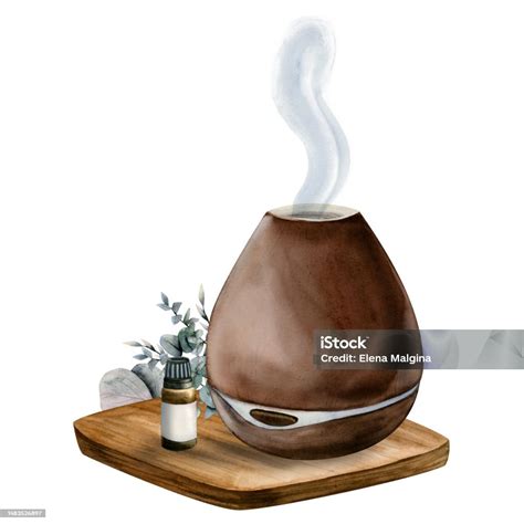 수채화 유칼립투스 향수 전기 나무 가습기 아로마 오일 디퓨저 그림은 흰색 배경에 격리된 나무 스탠드에 기름 병이 있다 스파 건강 관리 디자인 도면 아로마 테라피에 대한 스톡