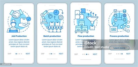 제조 방법 블루 선형 개념모바일 앱 페이지 화면 작업 배치 프로세스 프로덕션 연습 단계 그래픽 지침입니다 Ux Ui 그림이 있는 Gui 벡터 템플릿 4에 대한 스톡 벡터