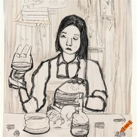 Hand Drawn Illustration Of A Bartender Woman In A Bar