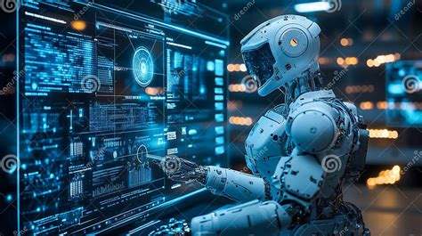 Ai Robot Analyzing Data On Futuristic Interface Stock Illustration